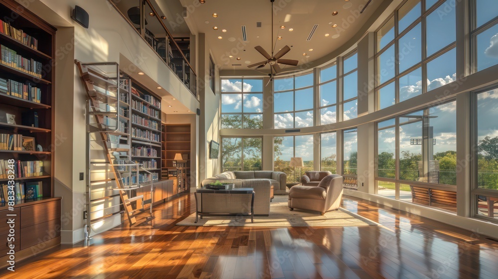Suburban Modern home library with a double-height ceiling, a rolling ...