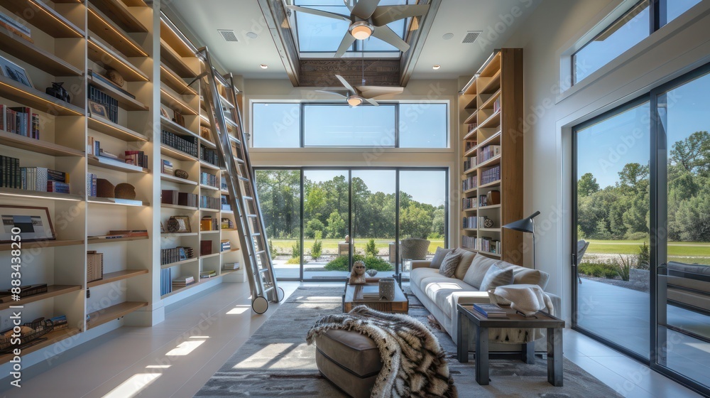 Suburban Modern home library with a double-height ceiling, a rolling ...