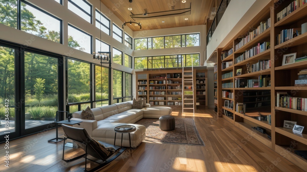 Suburban Modern home library with a double-height ceiling, a rolling ...