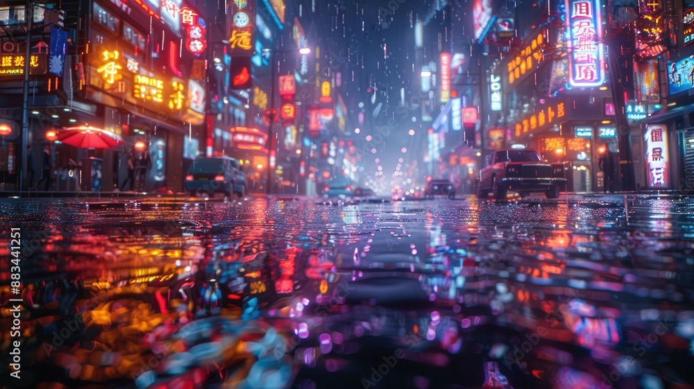 Vibrant Neon Lights Reflecting on Wet City Street at Night in Urban ...