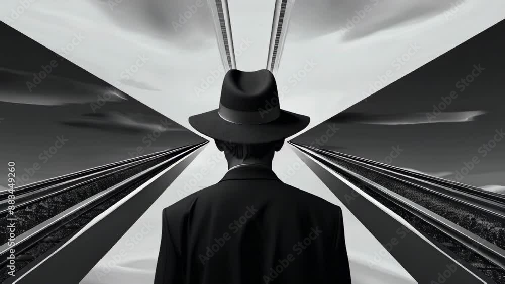 Man in hat, back view, suit transforms into a railroad scene reflected ...