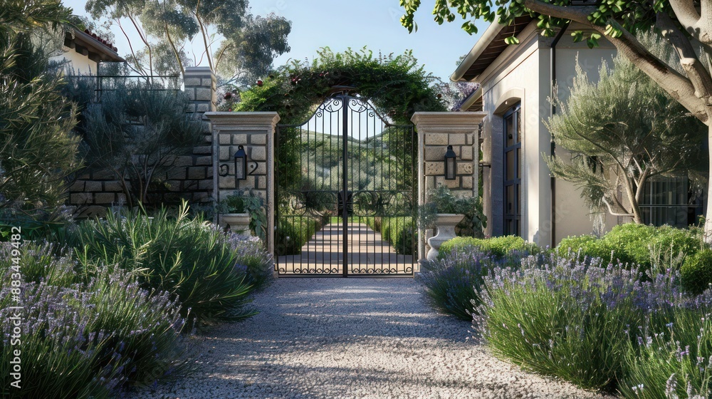 Mediterranean villaa??s front yard featuring a custom-designed ironwork ...
