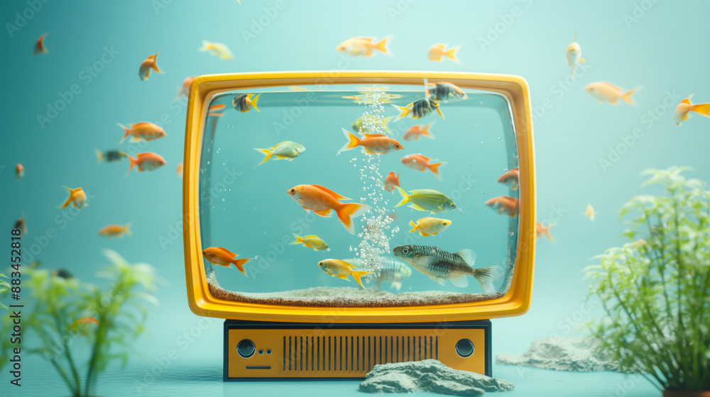 An old retro yellow TV containing an aquarium full of exotic fish, in ...