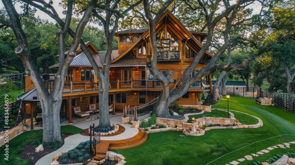 Ranch house with a backyard that features a large, elaborate treehouse ...