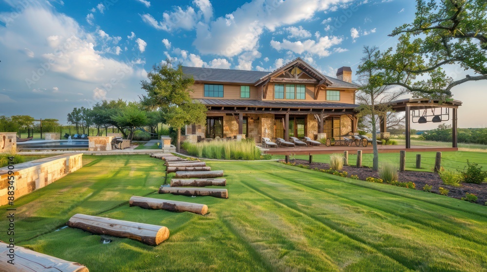 Ranch house with a backyard that includes a custom-built obstacle ...