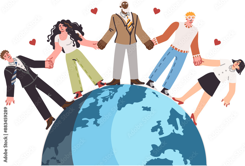 International friendship among people holding hands, standing on globe ...