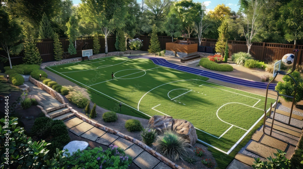 Suburban ranch with a backyard designed as a mini sports complex ...