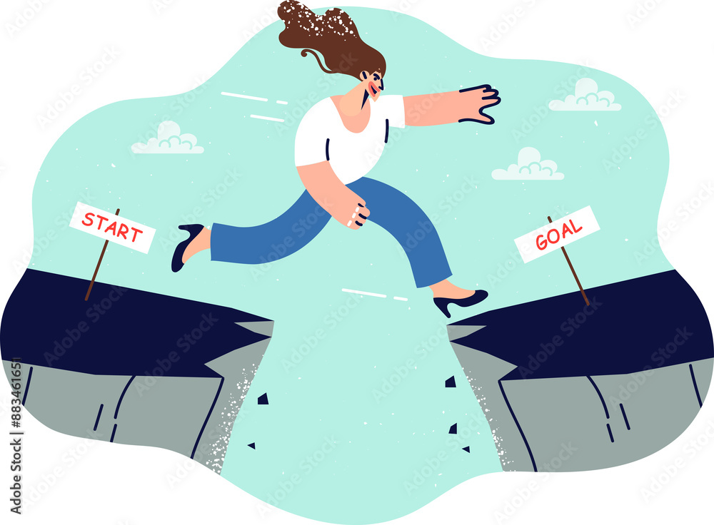 Challenge for woman leader to overcome obstacle by jumping over cliff ...