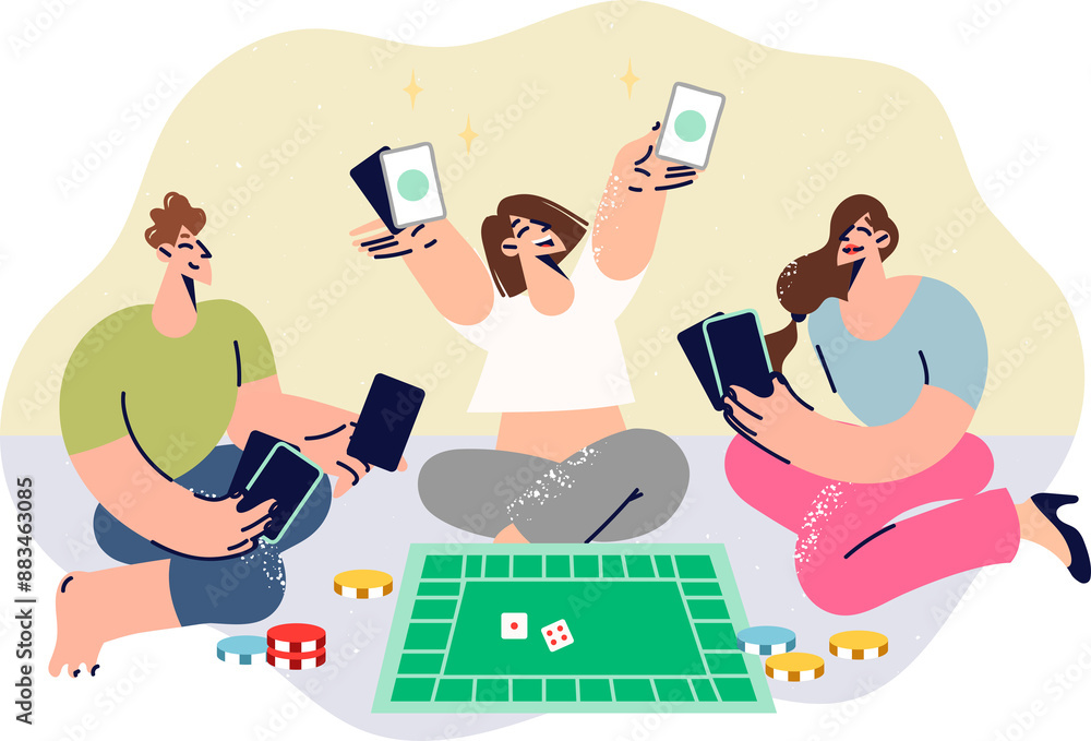 People play board game monopoly, sitting on floor and laughing ...