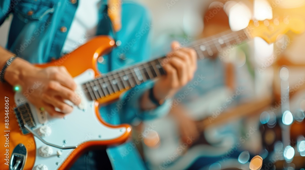 A guitarist strumming on a stylish electric guitar, illustrating a ...