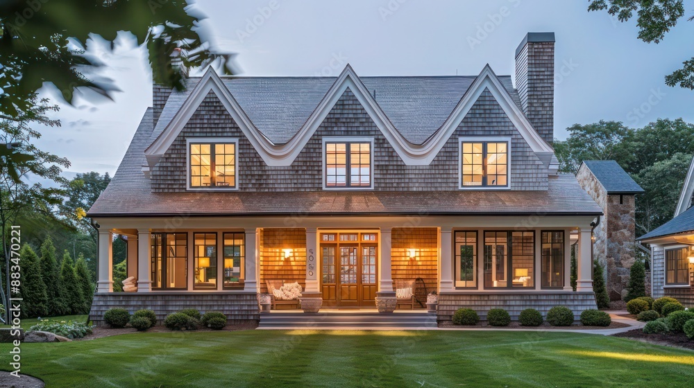 suburban farmhouse with a Cape Cod style, featuring shingle siding ...