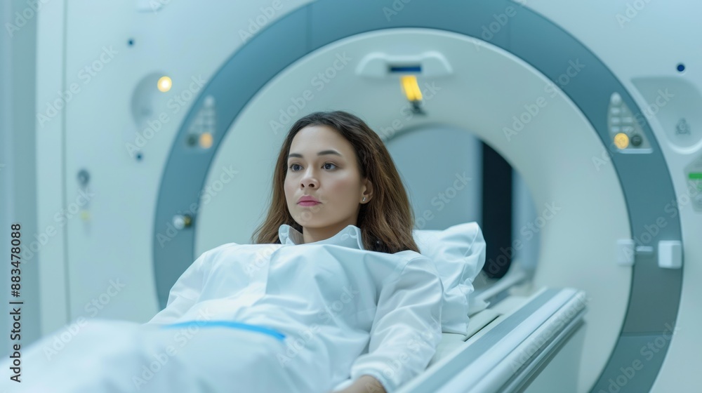 Woman lying in an MRI machine, preparing for a medical imaging scan ...