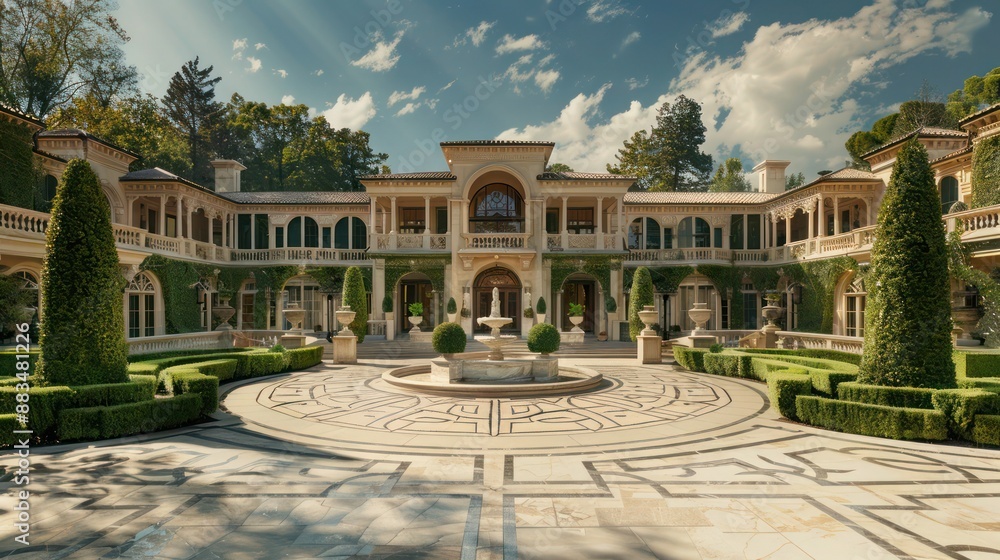 The front terrace of a Mediterranean mansion, with a circular drive ...