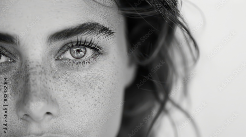 The image shows a blurred human face on the left, with visible hair ...