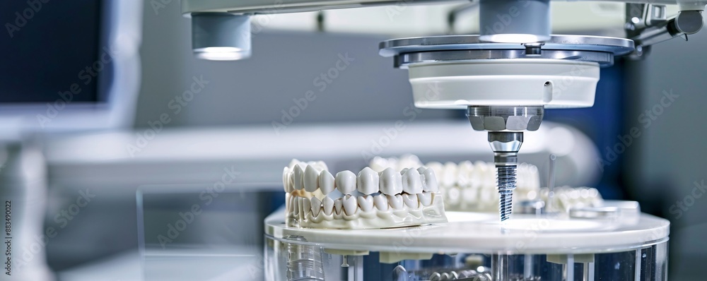 Dental laboratory equipment working on a 3d printed prosthesis with a ...
