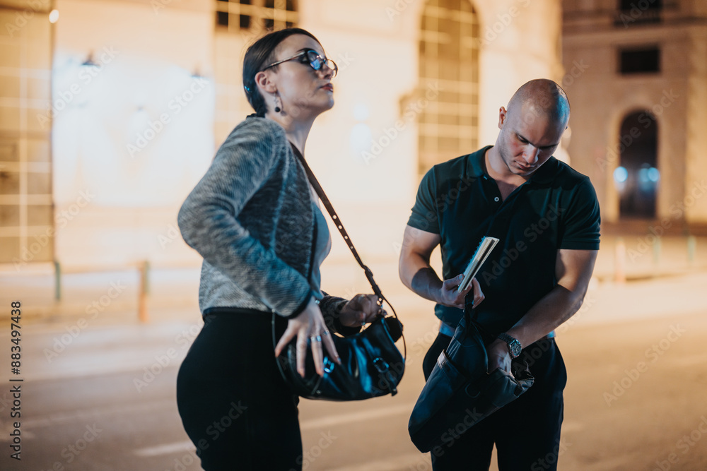 Business professionals searching in their bags on a city street at ...