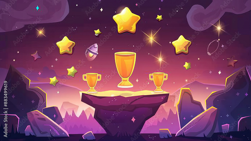 Retro game screen with cups and stars. Interface for a platformer game ...