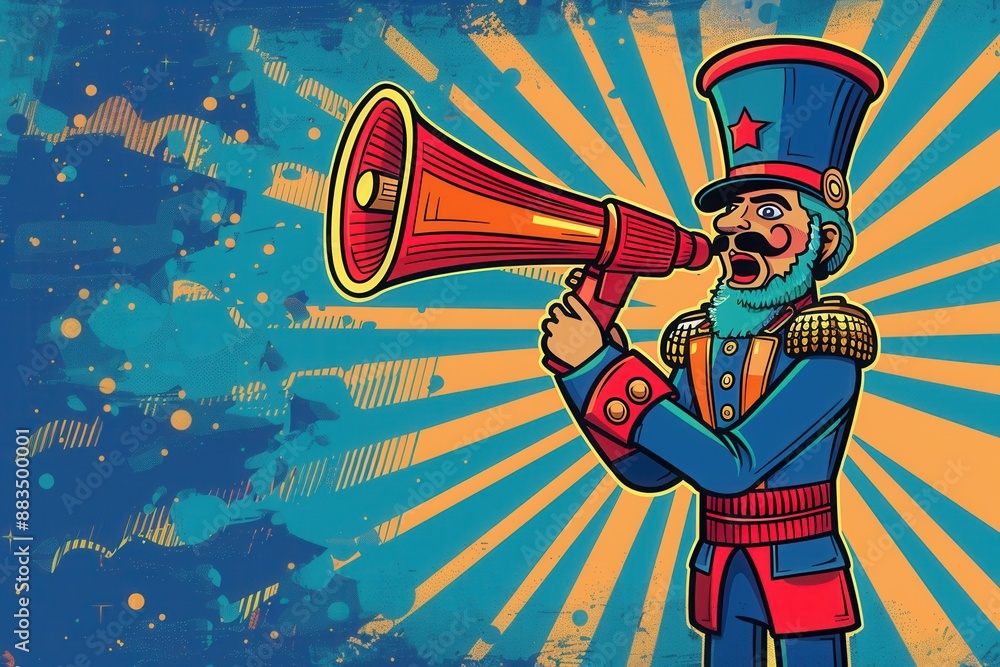 Colorful vintage circus poster with a ringmaster blowing a horn ...