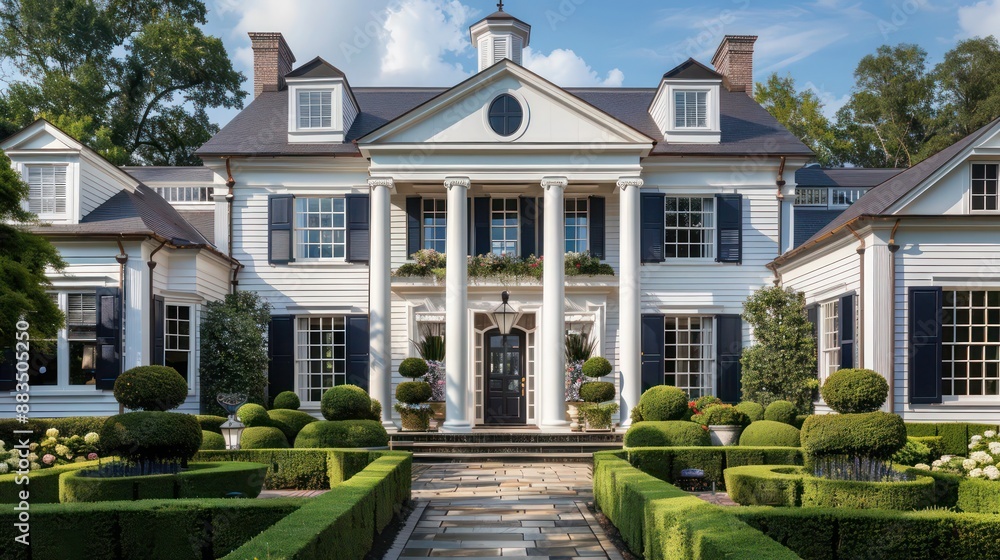 colonial-style farmhouse with crisp white siding and navy shutters ...