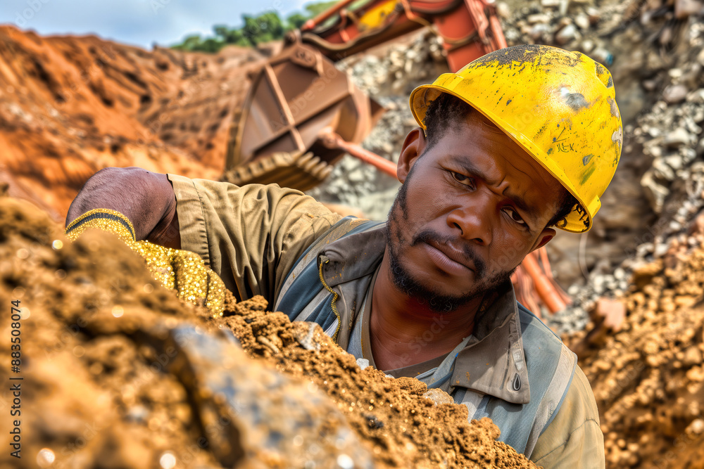 African gold miner labor examining ore open-pit mine raw material ...
