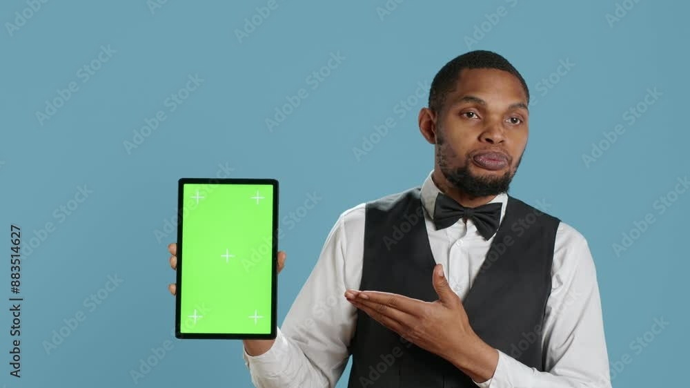 Bellman hotelier showing a tablet with green screen display in studio ...