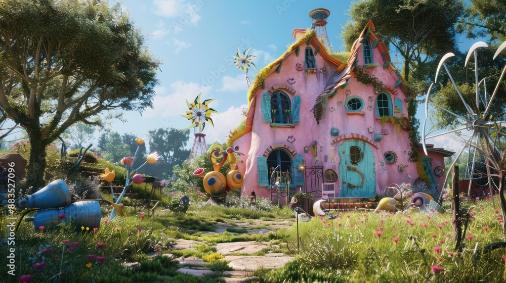 whimsical farmhouse painted in pastel pink, with quirky, uneven windows ...