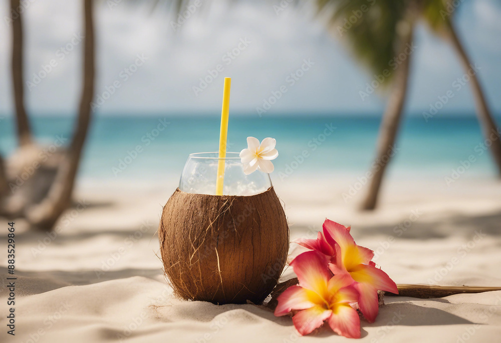 Coconut water in a coconut shell with a straw and tropical flowers in a ...