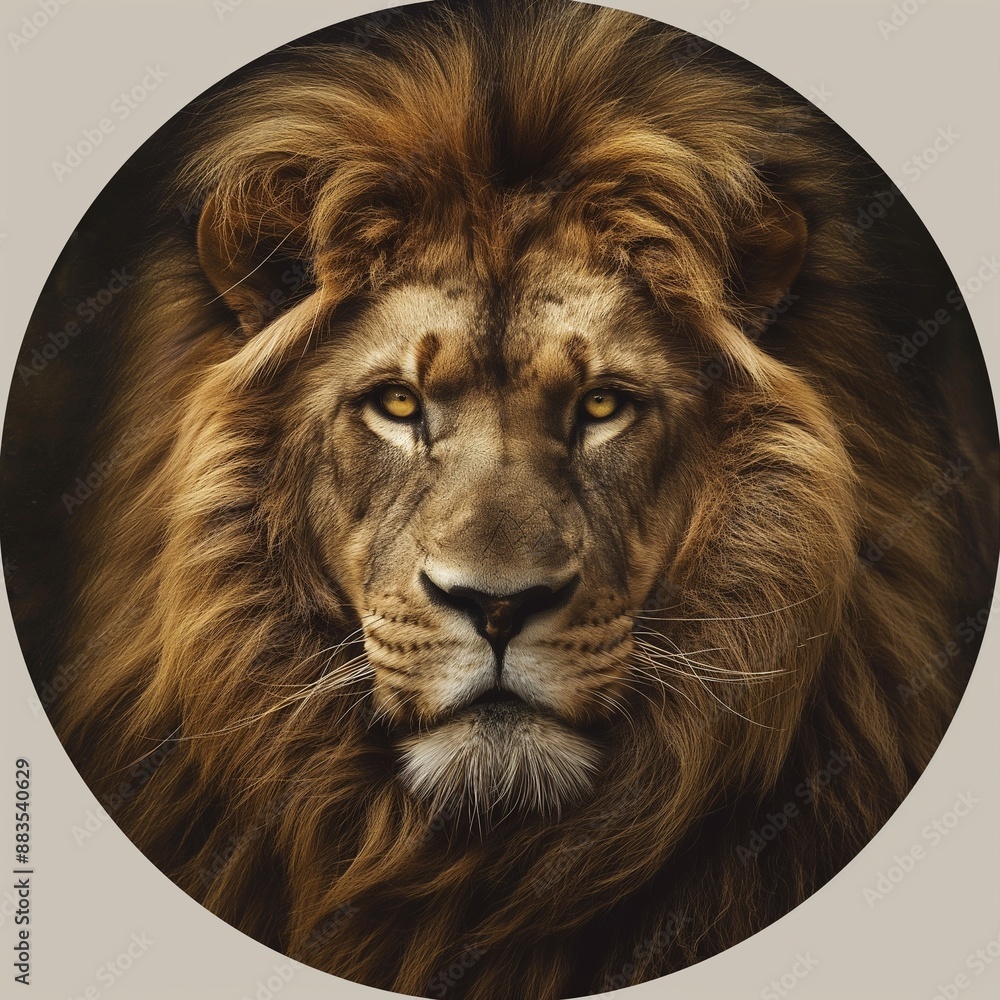 Realistic lion face in a circular frame, perfect for logos and ...