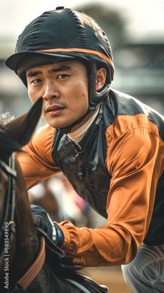 Asian male jockey in black racing uniform riding a horse. Concept of ...