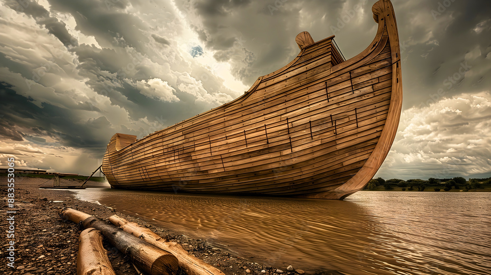 Noah's ark, which Noah constructed from wood, floats on the river; it ...
