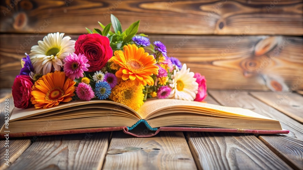 Open book laying on a table with colorful flowers, open book, flowers ...