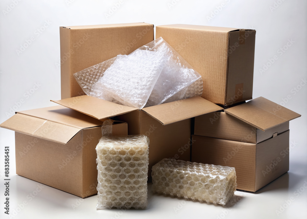 Sturdy cardboard boxes, bubble wrap, and packing paper surround fragile ...