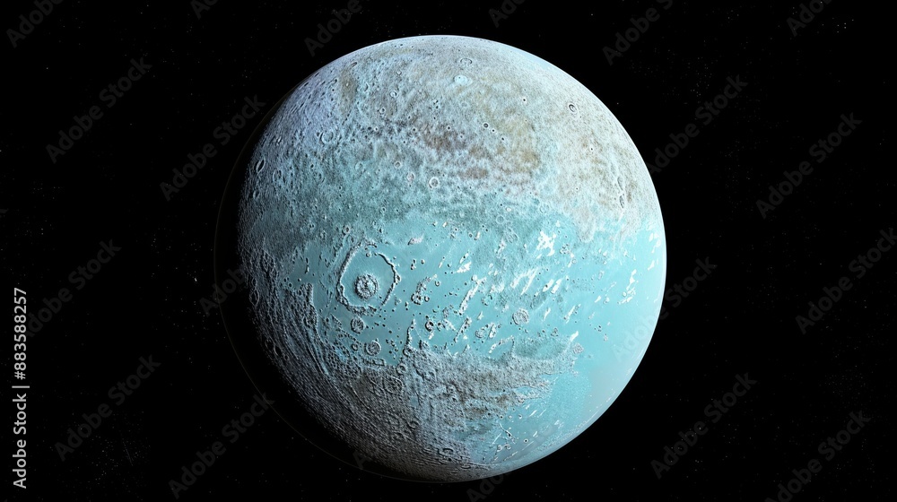 An icy extraterrestrial planet displaying a detailed surface with ...
