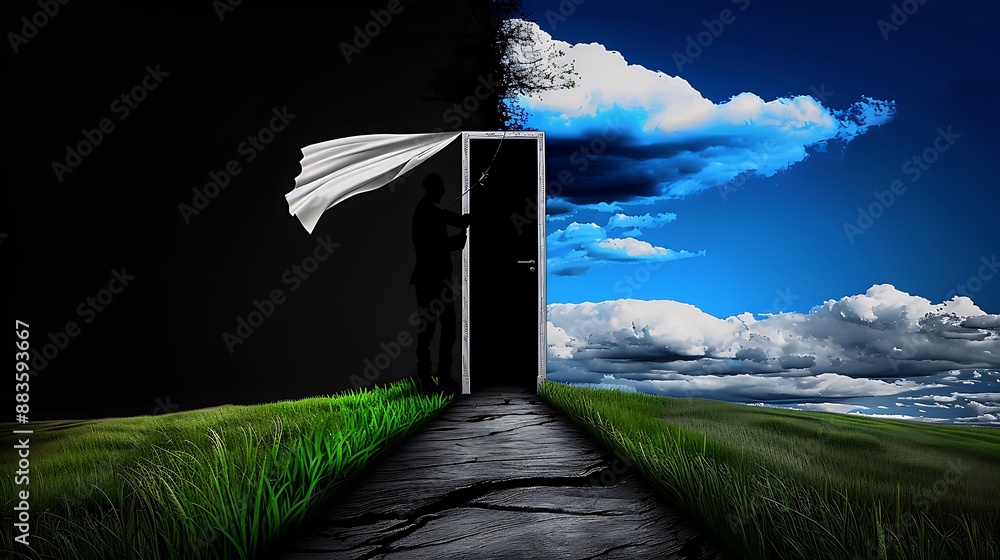 High resolution images A silhouette of a man pulling down the curtain ...