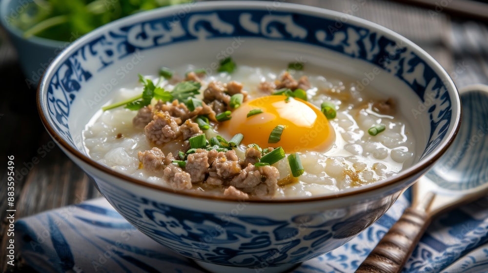 Minced Pork Steamed bouncy pork Congee Add Sweet Poached Egg Pour in ...