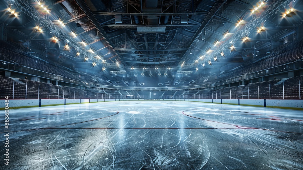 An empty ice hockey rink with bright stadium lights illuminating the ...