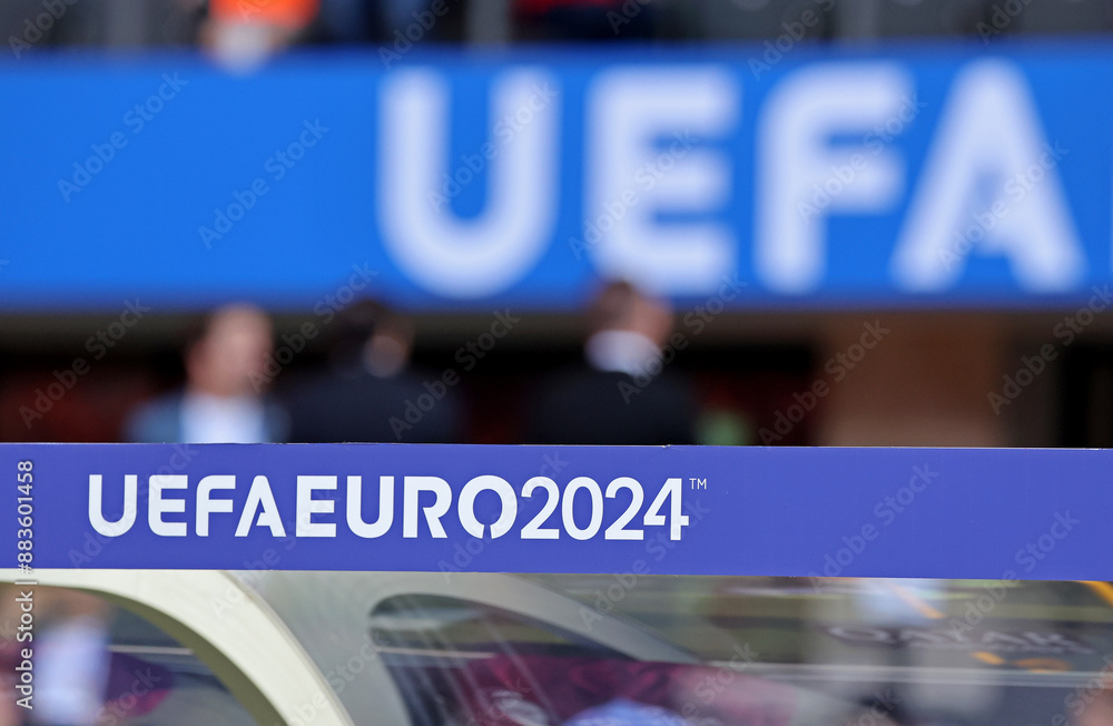 UEFA EURO 2024 logos seen on the coach bench of the Olympiastadion ...