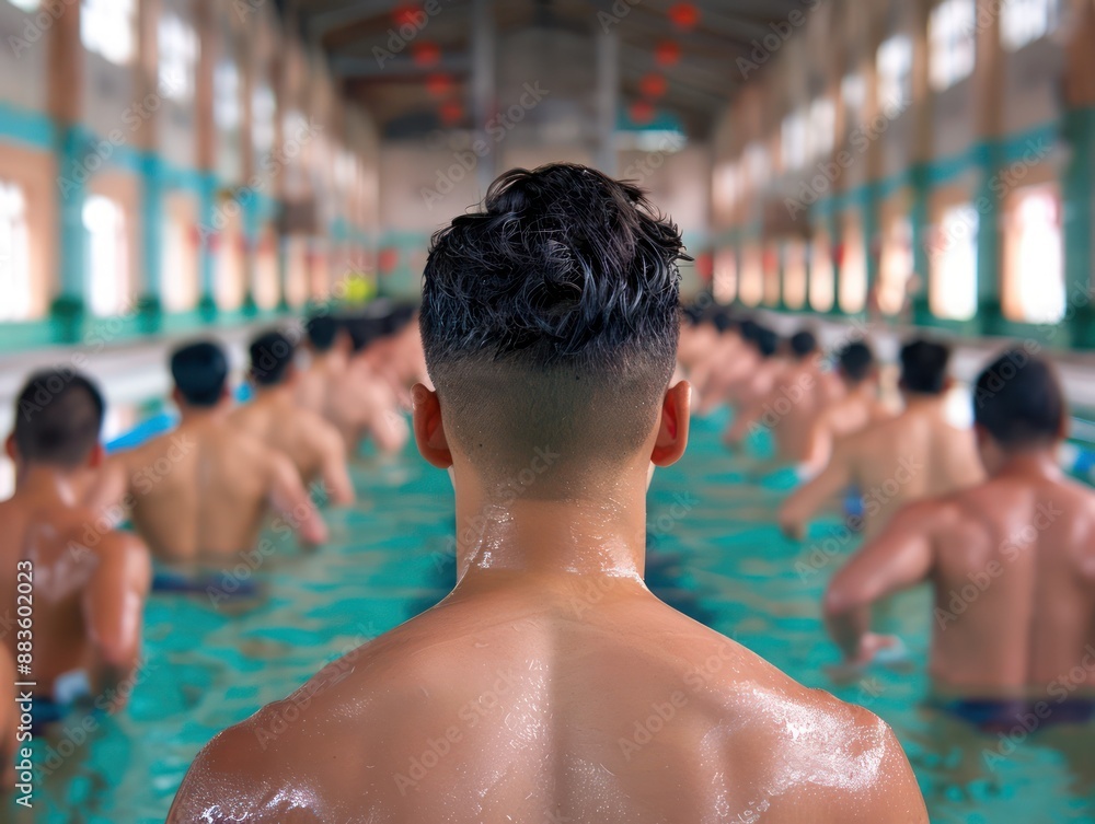 Dedicated Men Training in a Pool, Focused on Fitness and Strength ...