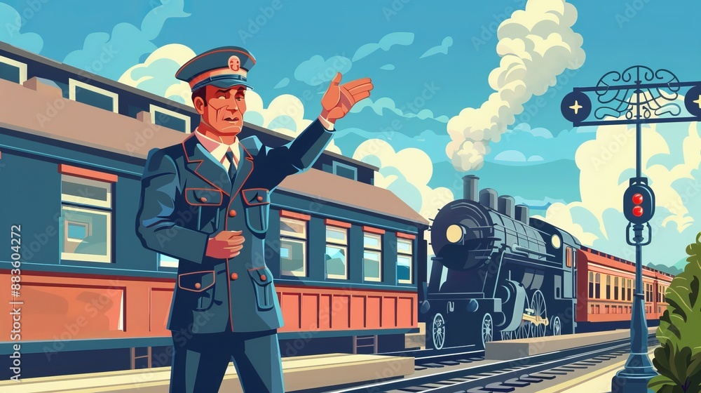 An animated train conductor in a uniform signals beside a steam ...