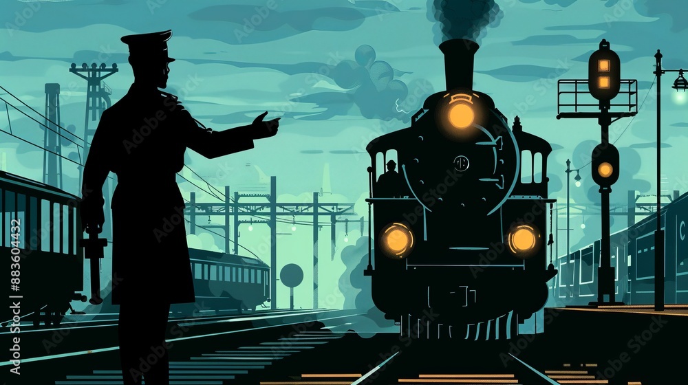 A railway conductor gives signals as a steam locomotive approaches the ...