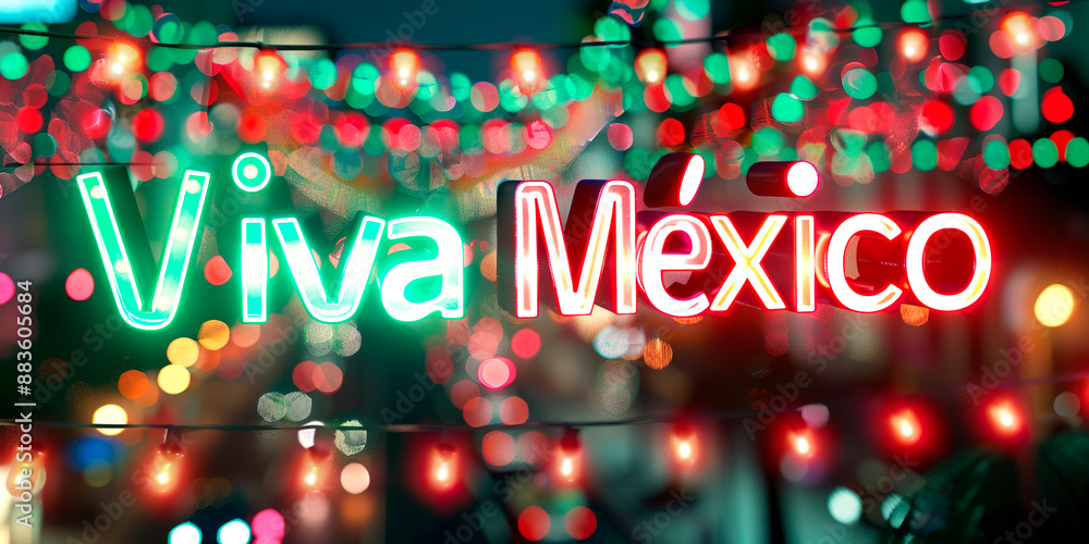 Letrero, Viva México con luces de color verde y rojas, de fondo, luces ...
