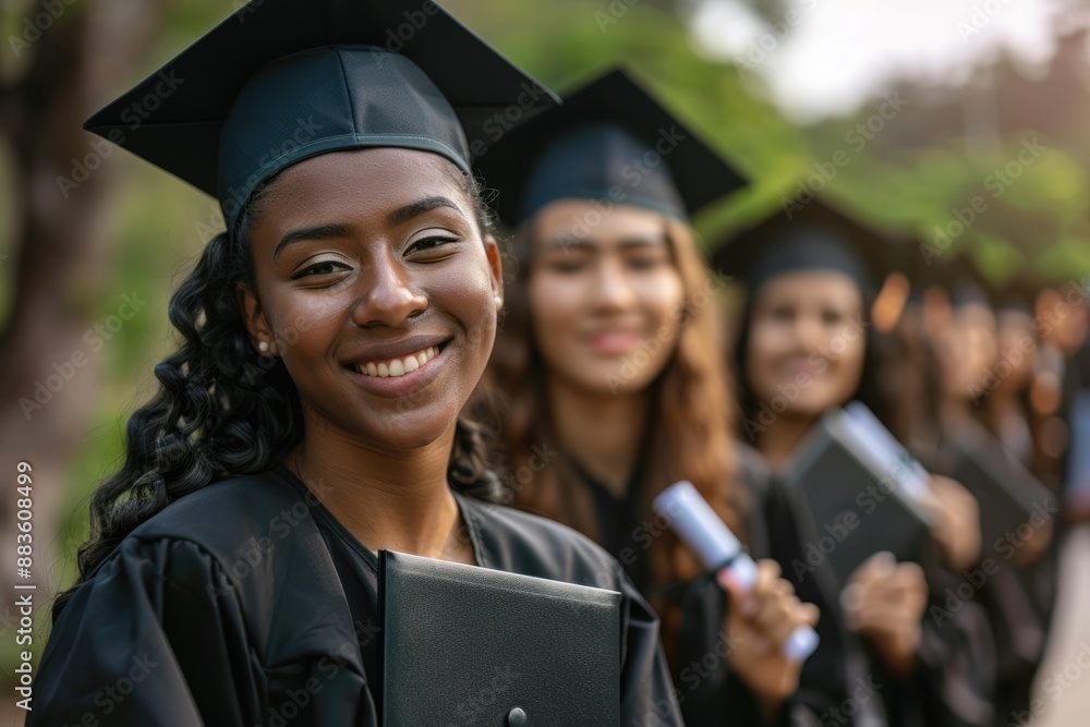 Multiethnic graduates in black caps and gowns, posing with diplomas and ...