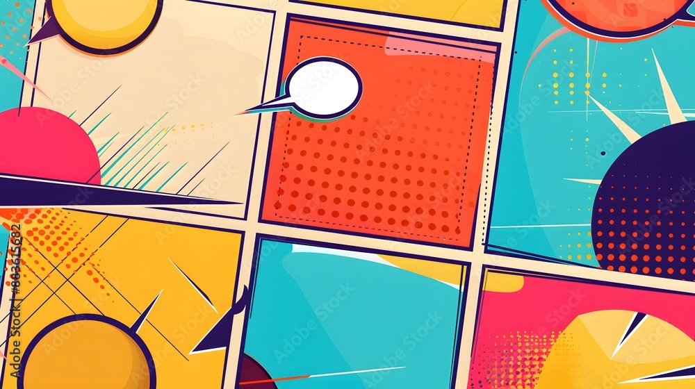Dynamic Comic Grid, Bold, colorful comic-style grid layout with speech ...