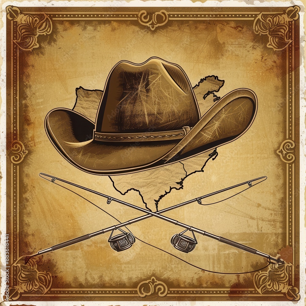 Vintage Cowboy Hat and Fishing Rods Overlayed on the United States Map ...