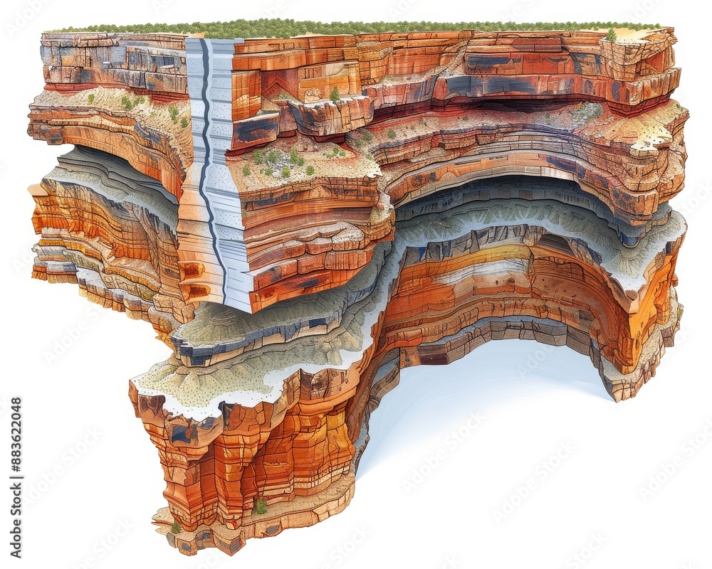 Detailed 3D Model of Sedimentary Rock Layers with Geological Fault Line ...