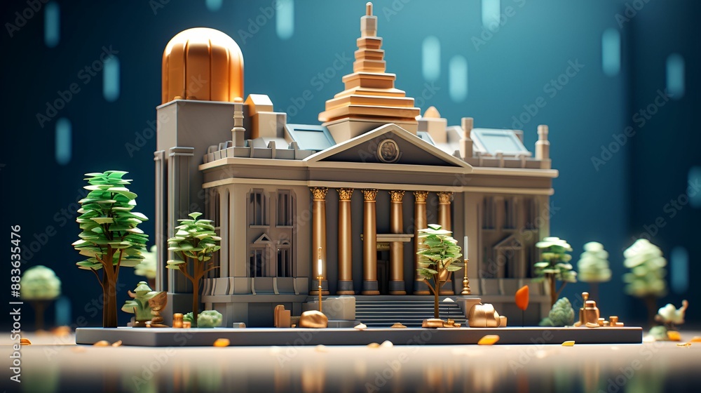 A detailed model of a grand building with golden domes and pillars ...
