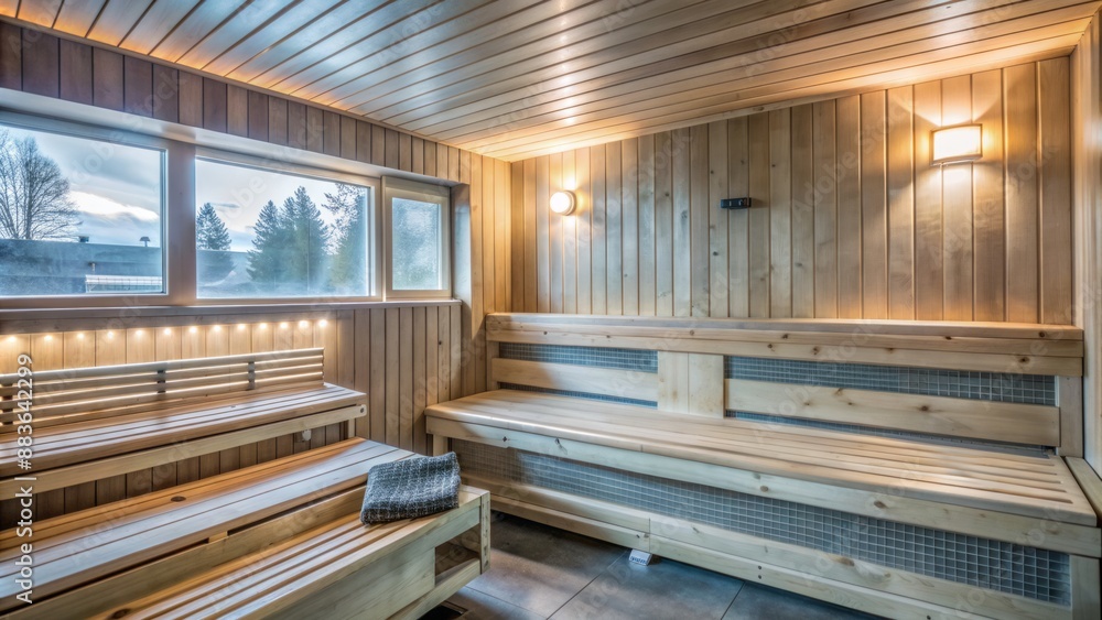 Cozy traditional wooden sauna room with wooden benches and a single ...
