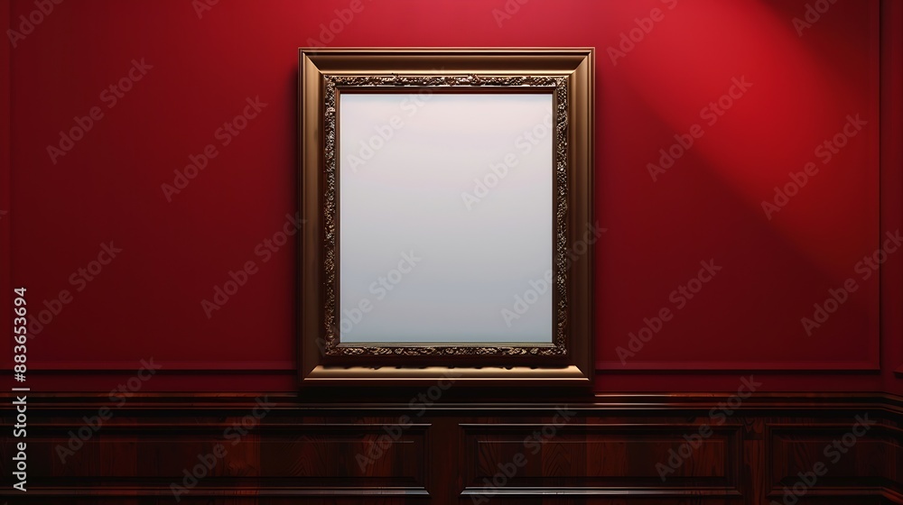 Antique art fair gallery frame on royal red wall at auction house or ...