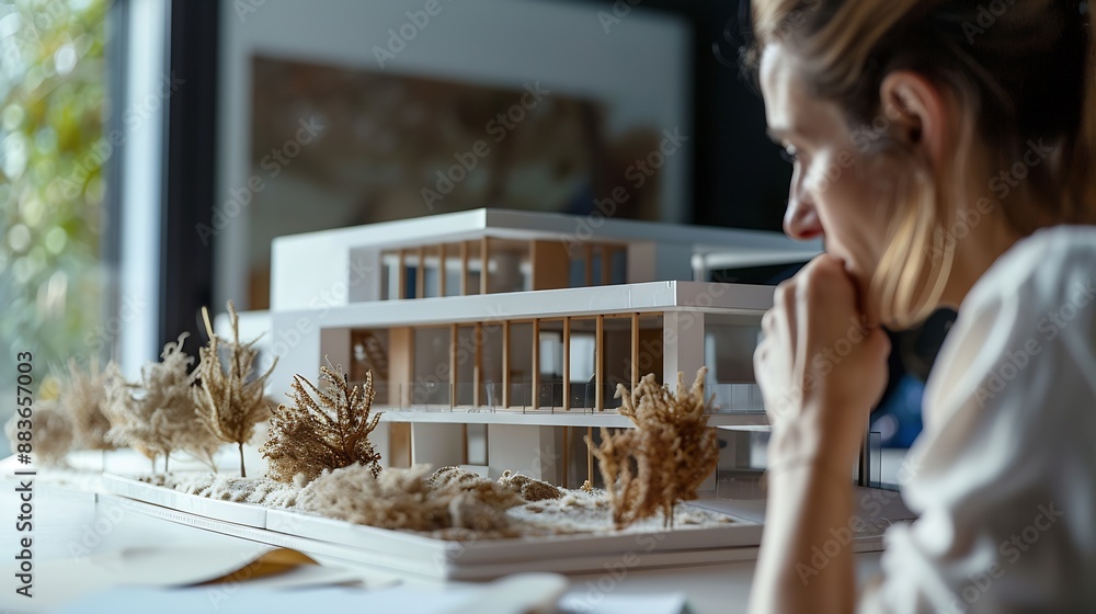 Woman looking at a 3D model of a house visualising the architectural ...