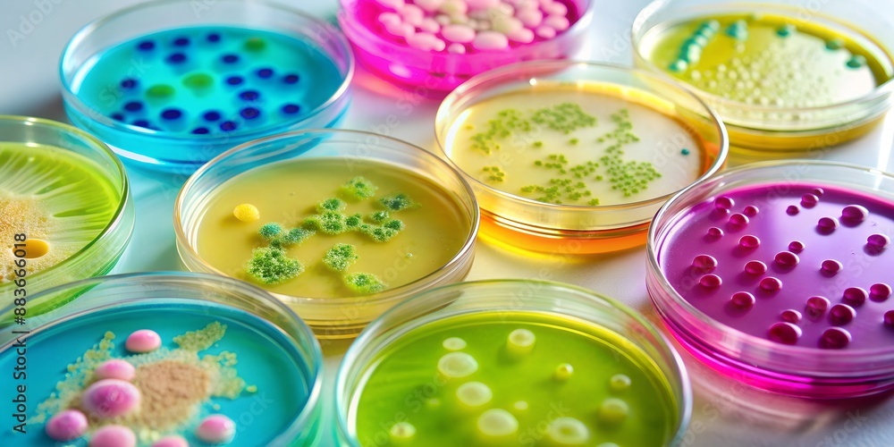 Colorful bacteria colonies on agar gel, various shapes and sizes ...